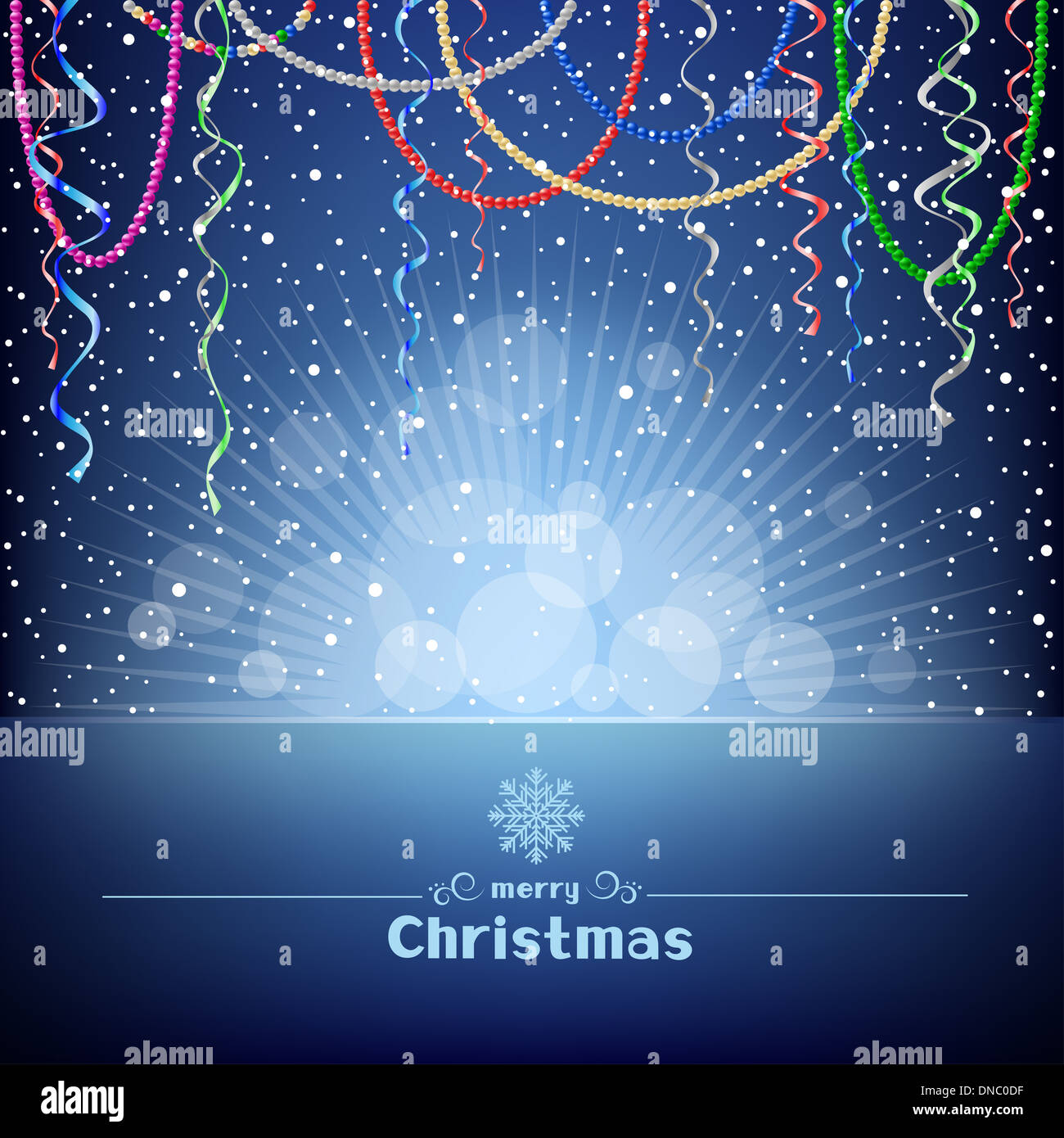 Christmas blue card with beads ribbons and light Stock Photo - Alamy