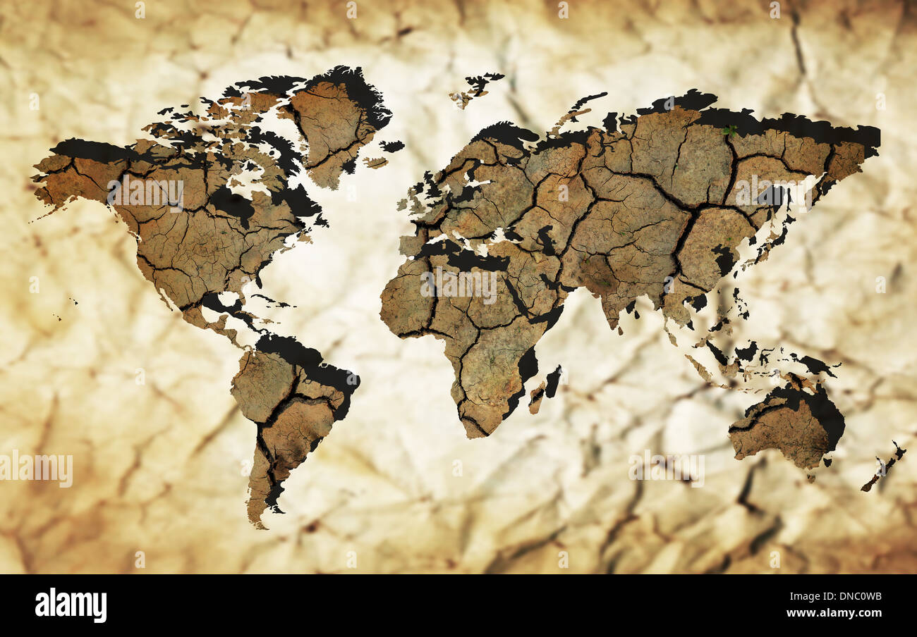 Map of the world with continents from dry deserted soil over old paper ...