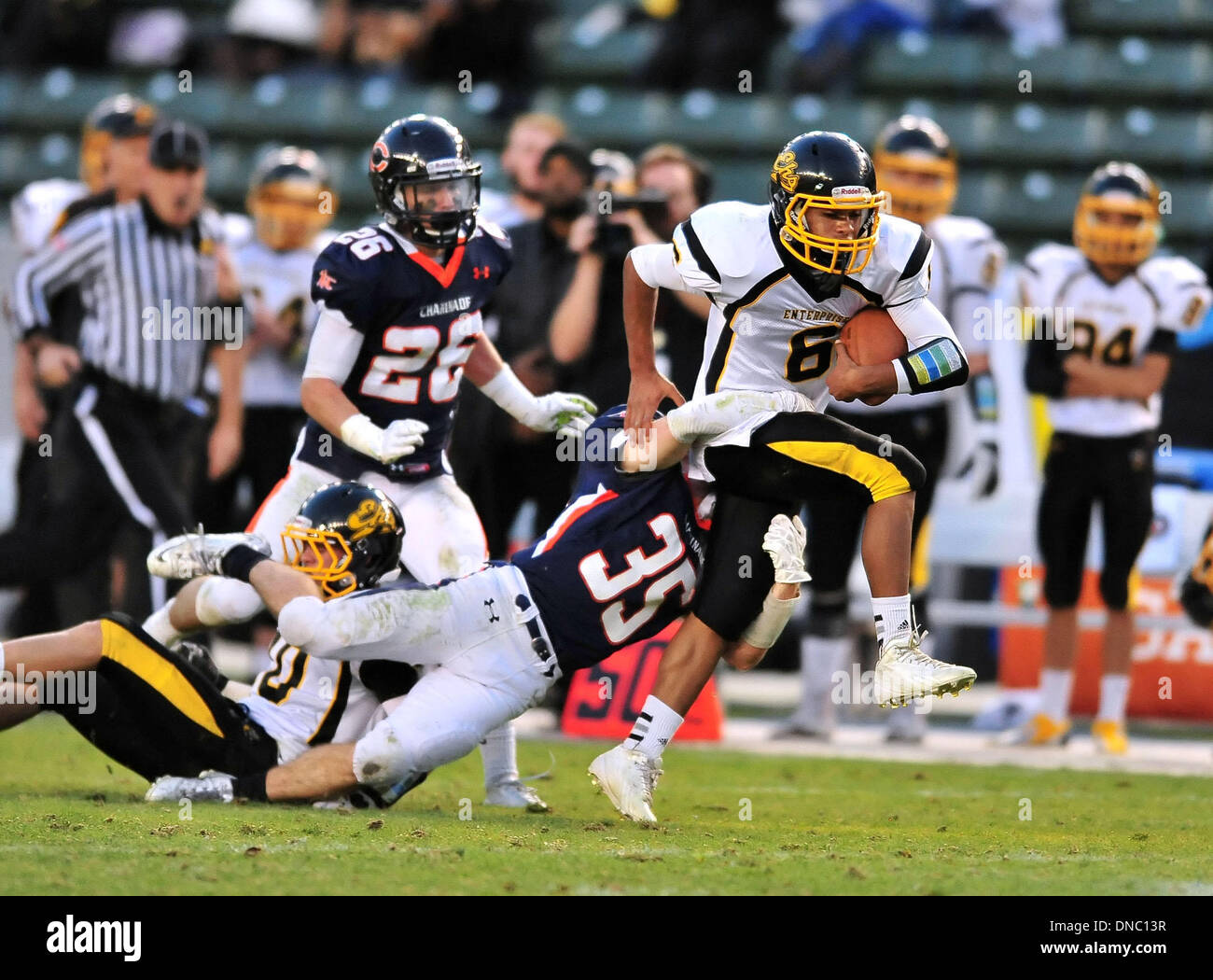 Carson, CA, . 21st Dec, 2013. Enterprise Hornets rb, Izzy Perea #6 runs ...