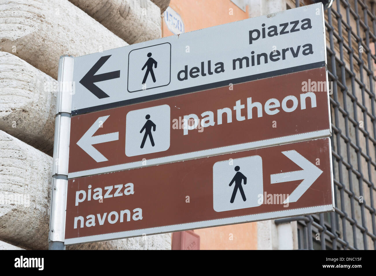 Signposts in the historic centre of Rome to the Piazza della Minerva ...