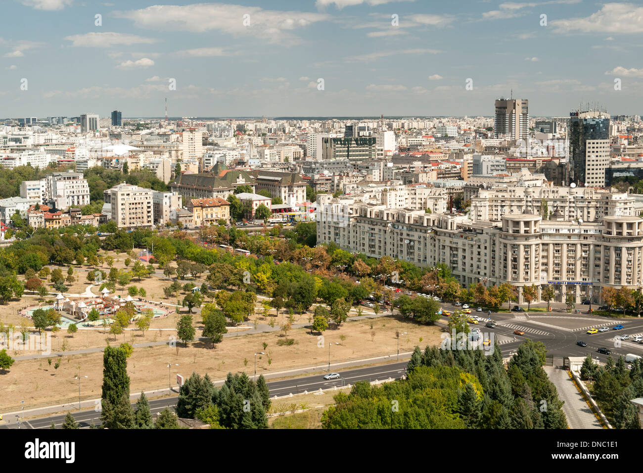 View across Bucharest from the roof of the Palace of the Parliament in ...