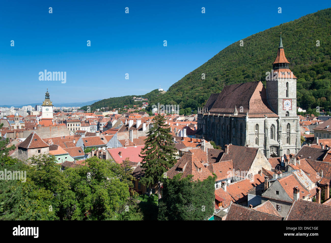View of the Black Church and the old town part of Brasov, a city in the ...