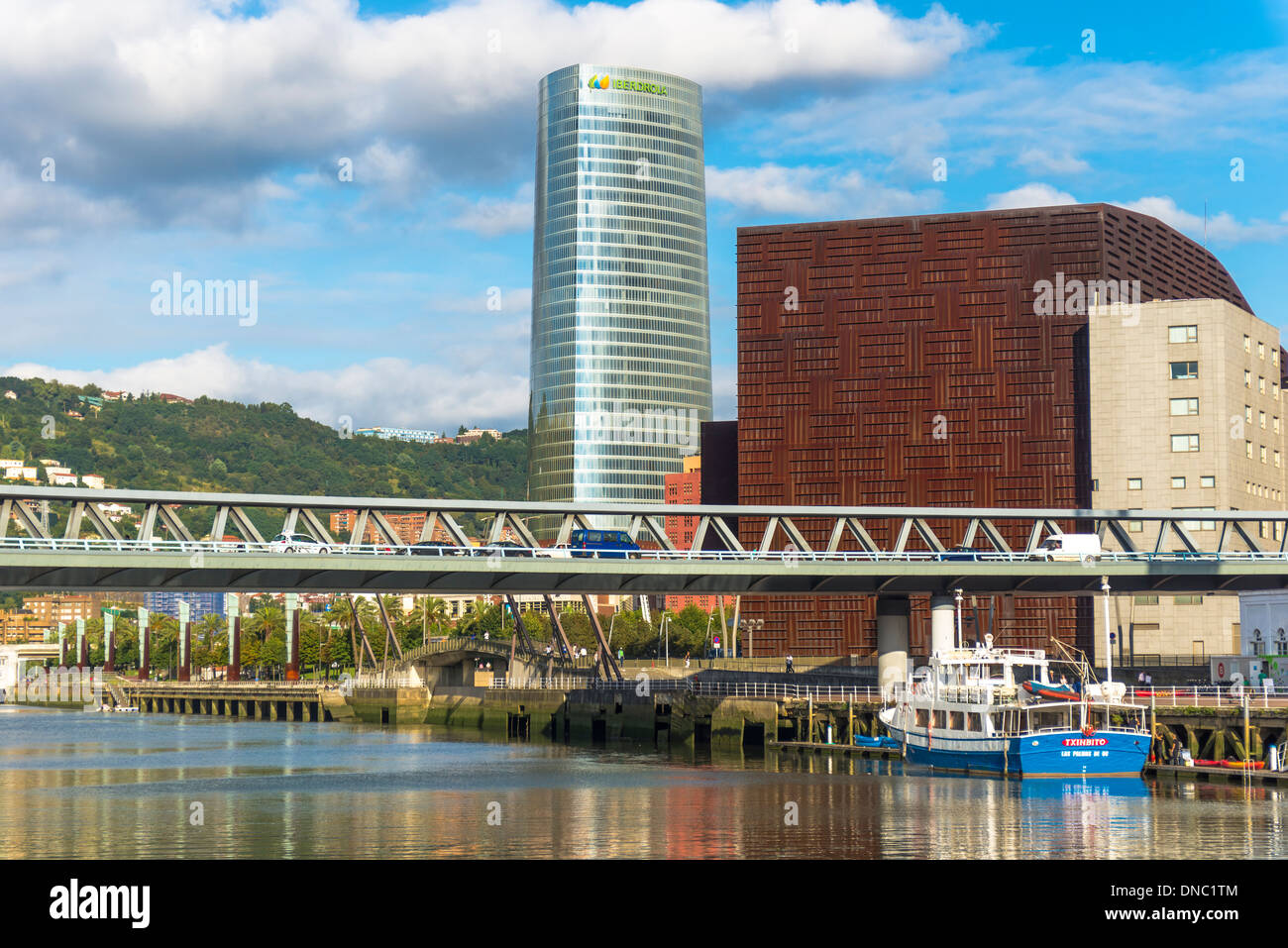Ria of Bilbao and Iberdrola Tower background, Bilbao, Biscay, Basque ...