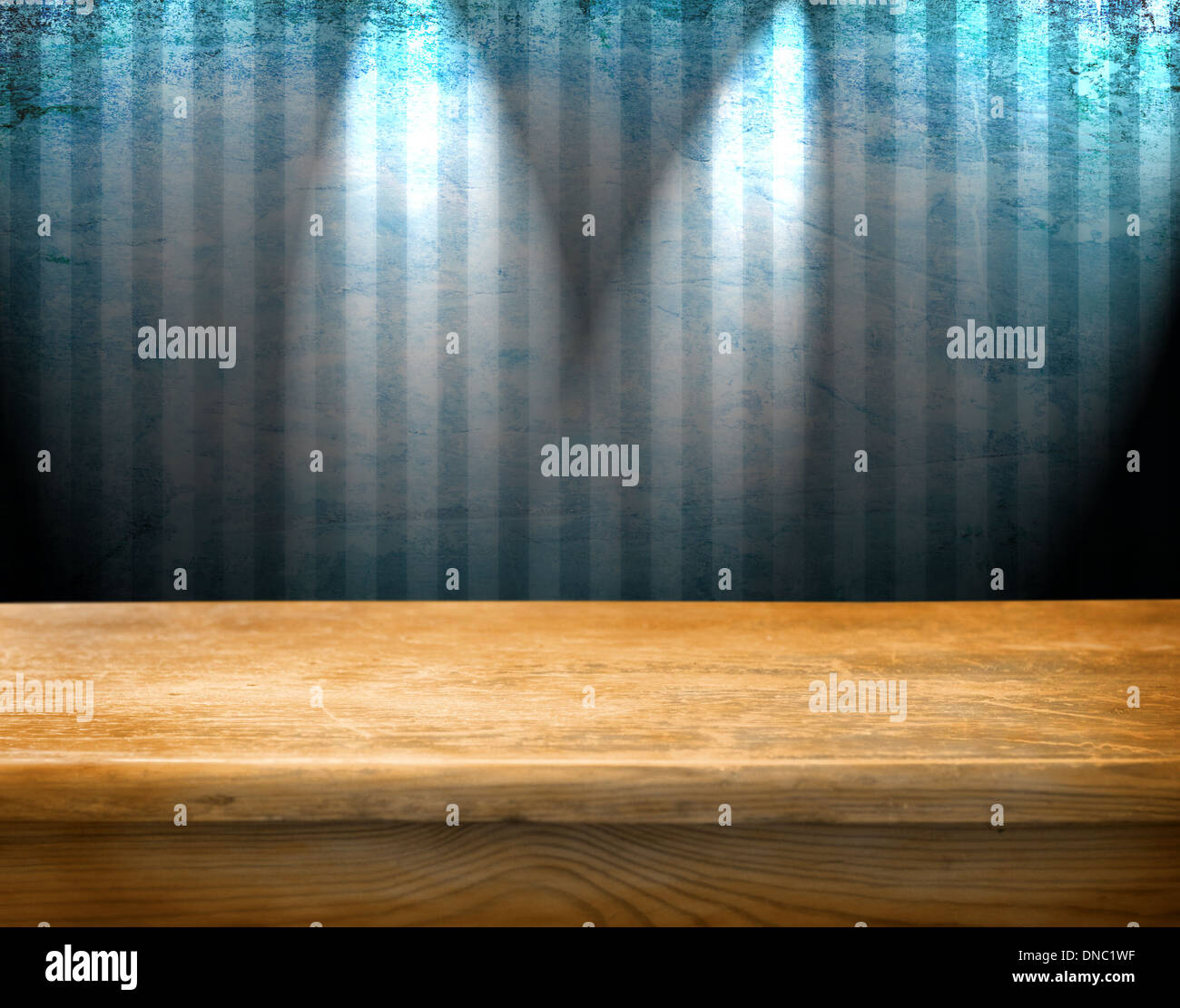 Empty wooden table and blue striped wall. Great background for product ...