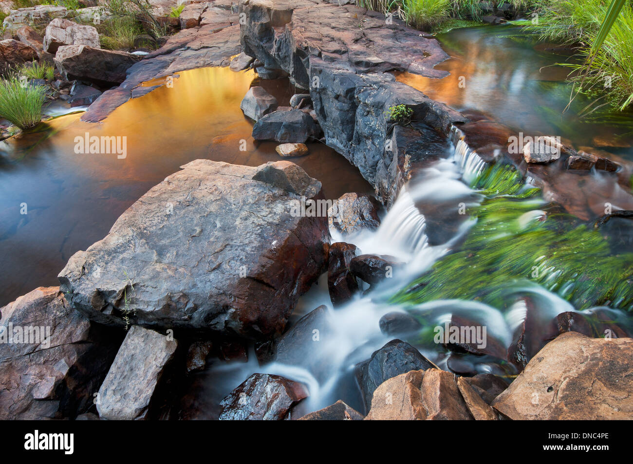 Waterfall cascades reflecting the sunlit rock wall in Adcock Gorge ...