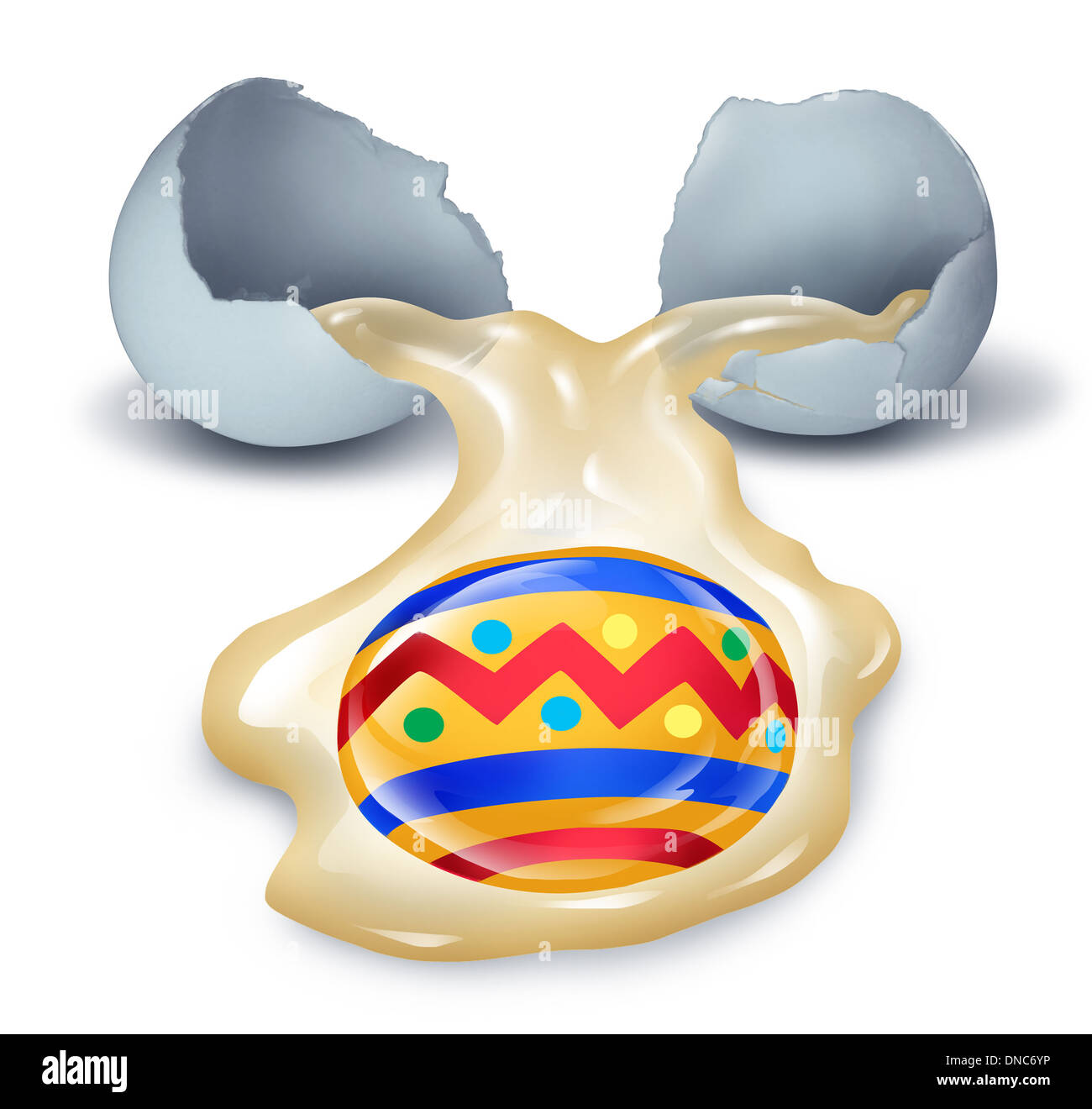 Easter surprise holiday concept as a cracked white egg with open shells ...
