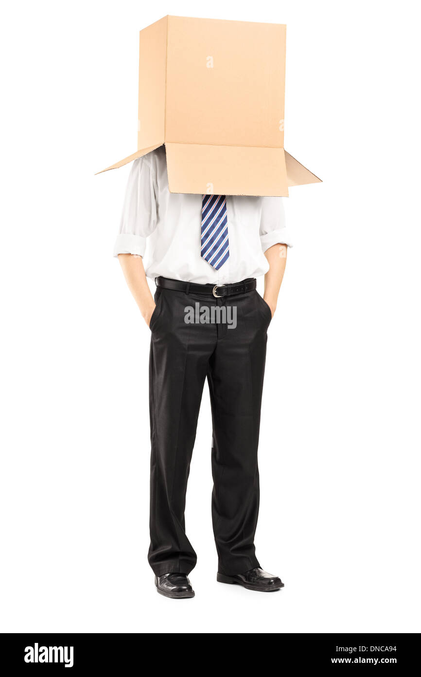 Full length portrait of a man standing with a cardboard box on his head ...