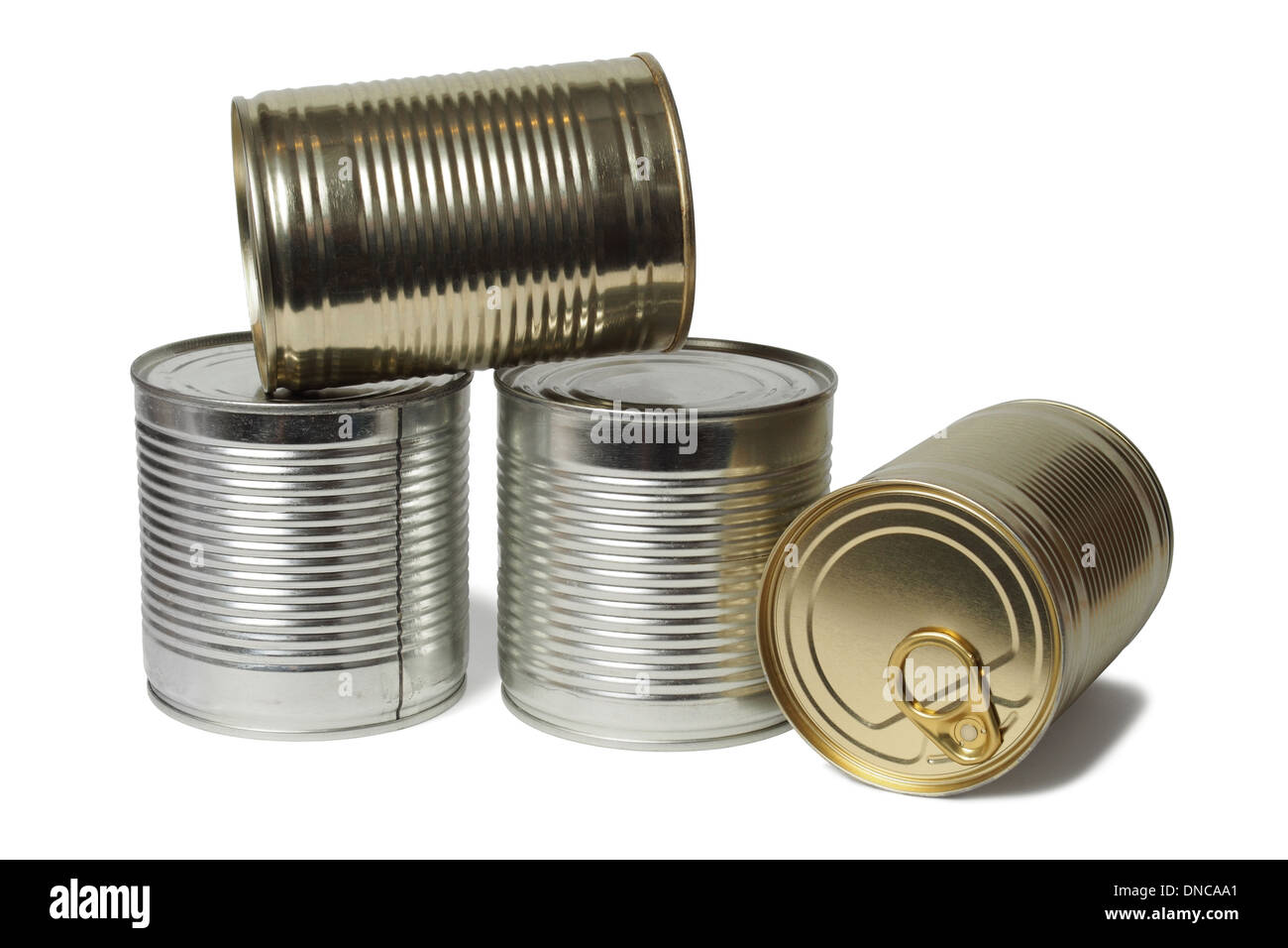 Four tin cans isolated on white background Stock Photo - Alamy
