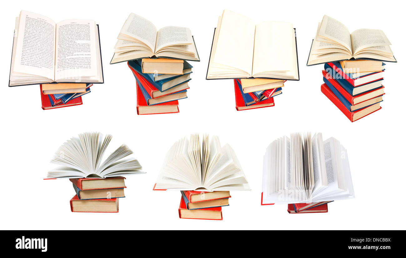 Opened book on top of stack of books hi-res stock photography and ...