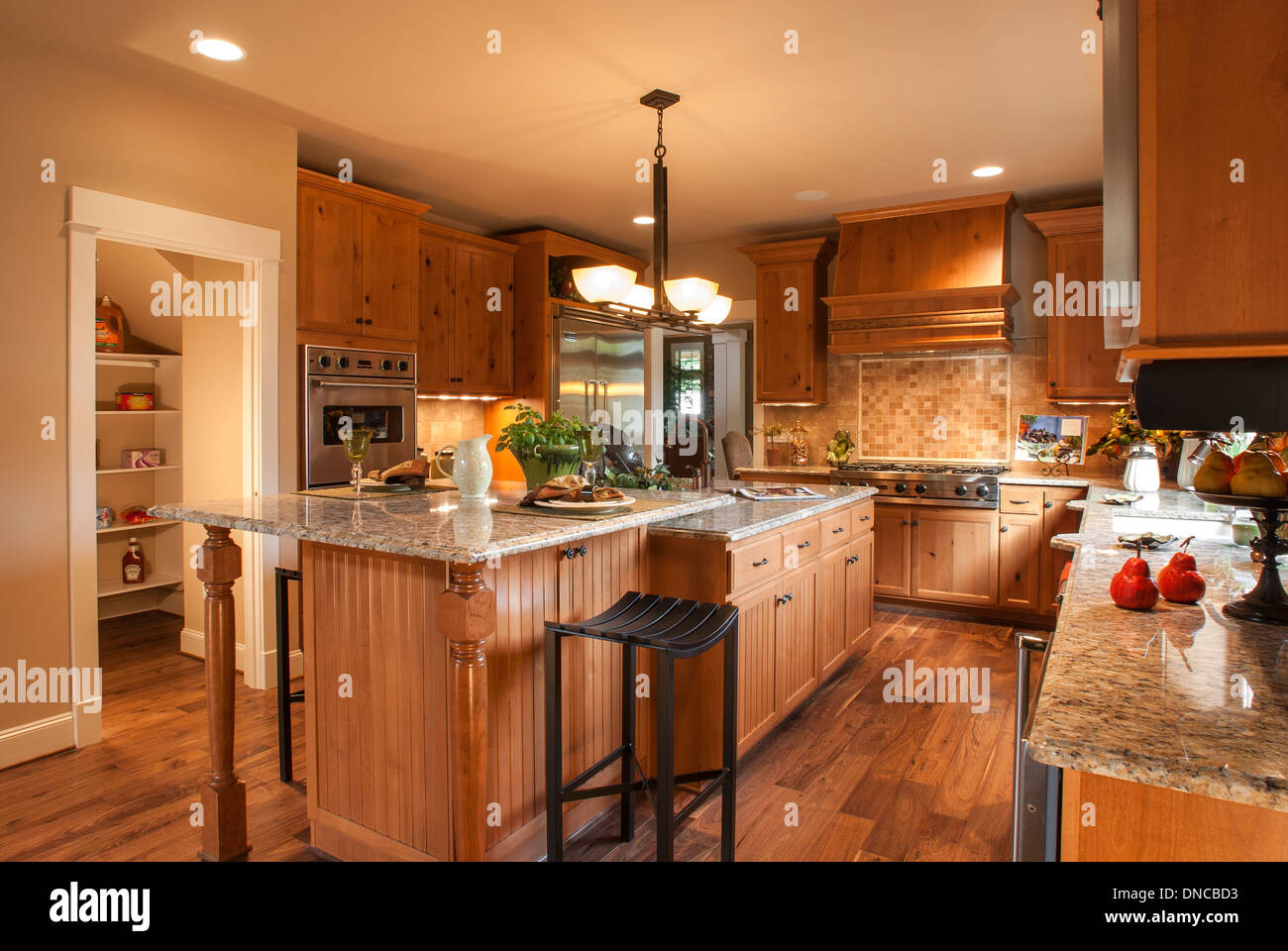 Upper end luxury kitchen showing cabinets and granite counter tops ...