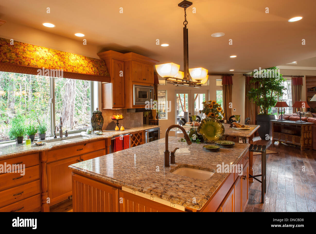 Upper end luxury kitchen showing cabinets and granite counter tops ...
