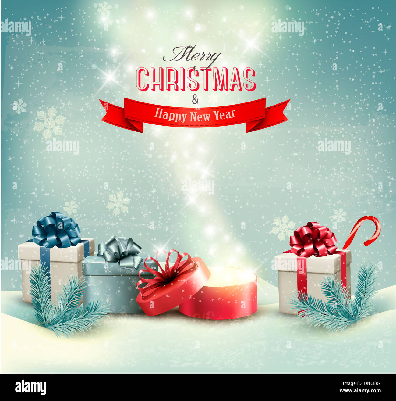 Christmas winter background with presents and open magic box Vector ...