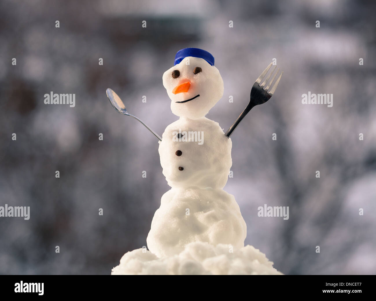 Little happy christmas snowman in blue screw top as hat red scarf with ...