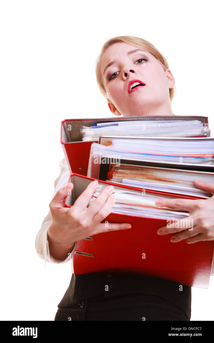 Business and paperwork. Young overworked businesswoman holding stack of ...