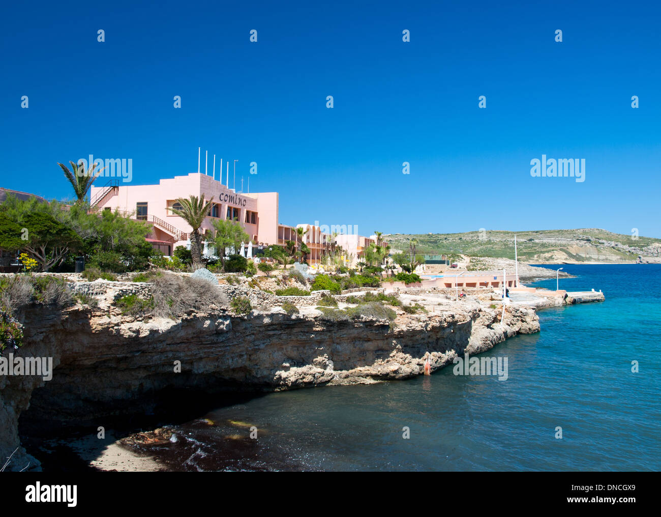 A view of the Comino Hotel and San Niklaw Bay in Comino, Malta Stock ...