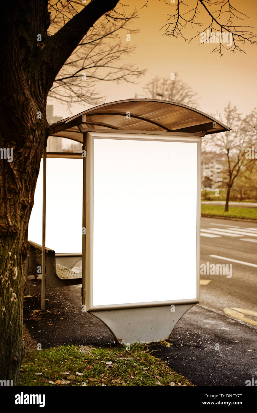 Bus station with blank billboard, outdoor advertising background Stock ...