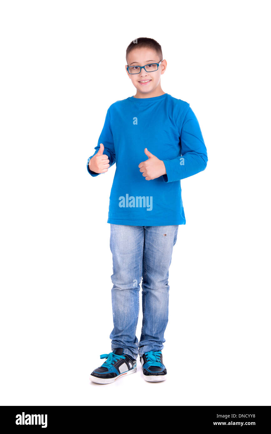 Young boy with glasses posing isolated in white Stock Photo - Alamy