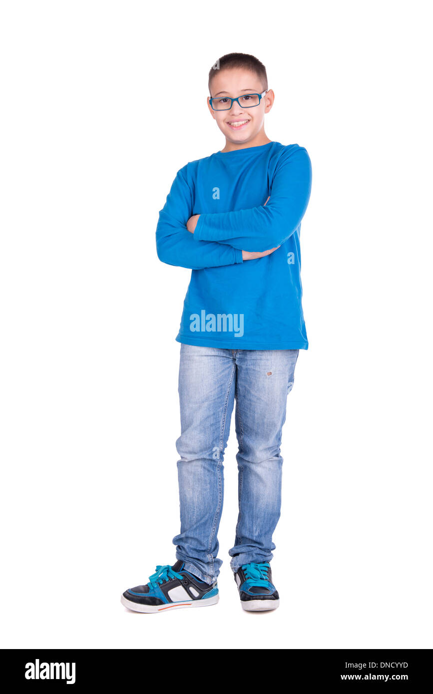 Young boy with glasses posing isolated in white Stock Photo - Alamy