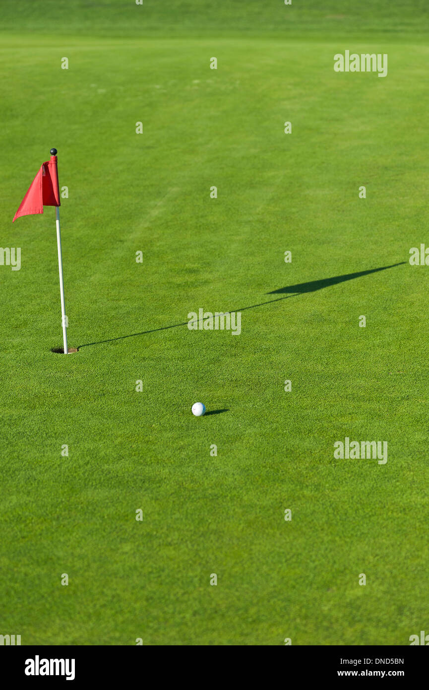 Golf course, hole pole and flag on practice putting area Stock Photo ...