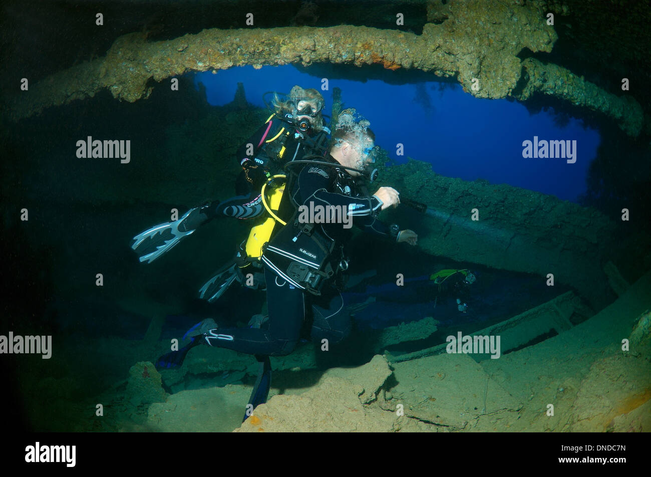 Diver looking at shipwreck "SS Dunraven". Red sea, Egypt, Africa Stock ...