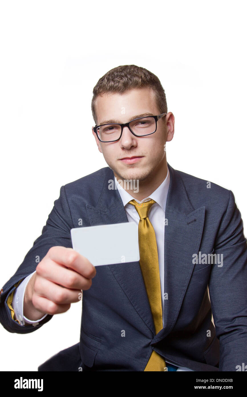 Businessman holding up white Businesscard with copy space Stock Photo ...
