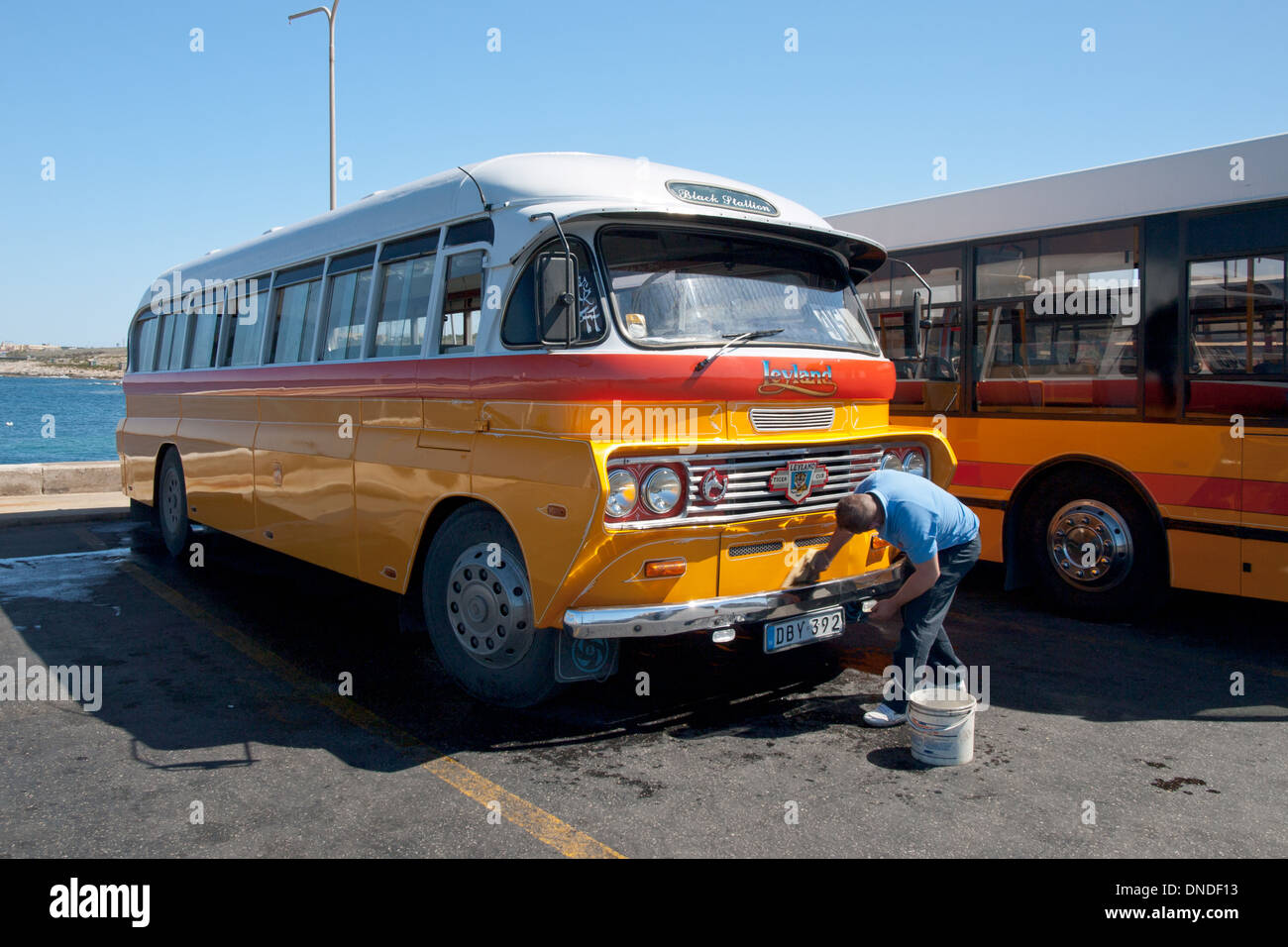 A bus driver washes a vintage Leyland Malta bus in Cirkewwa, Malta ...