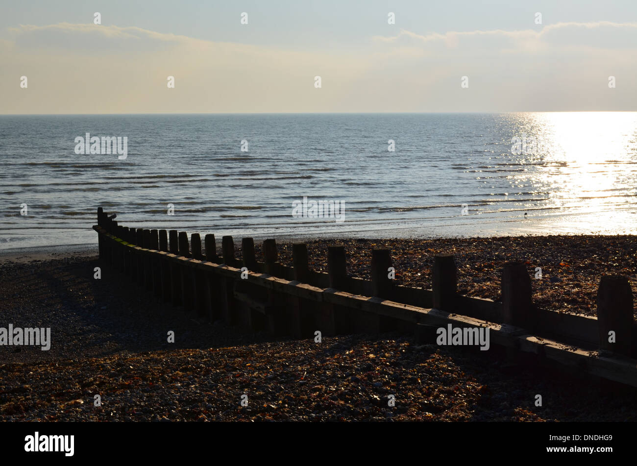 Sea defence coastal wooden breakwater along the South coast of England ...
