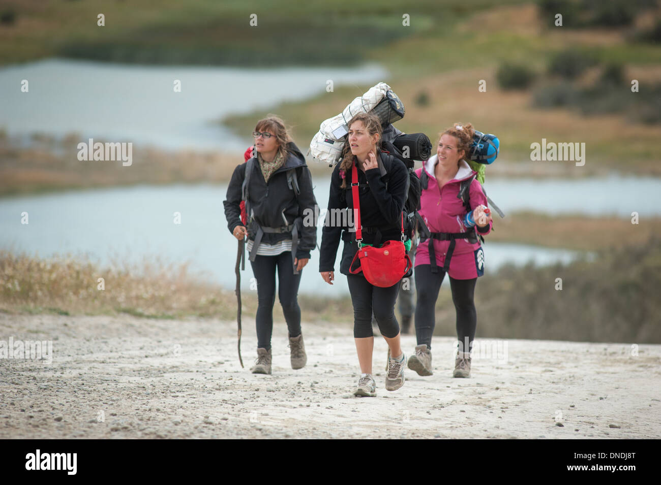 Three backpacking women, torres national park Stock Photo - Alamy