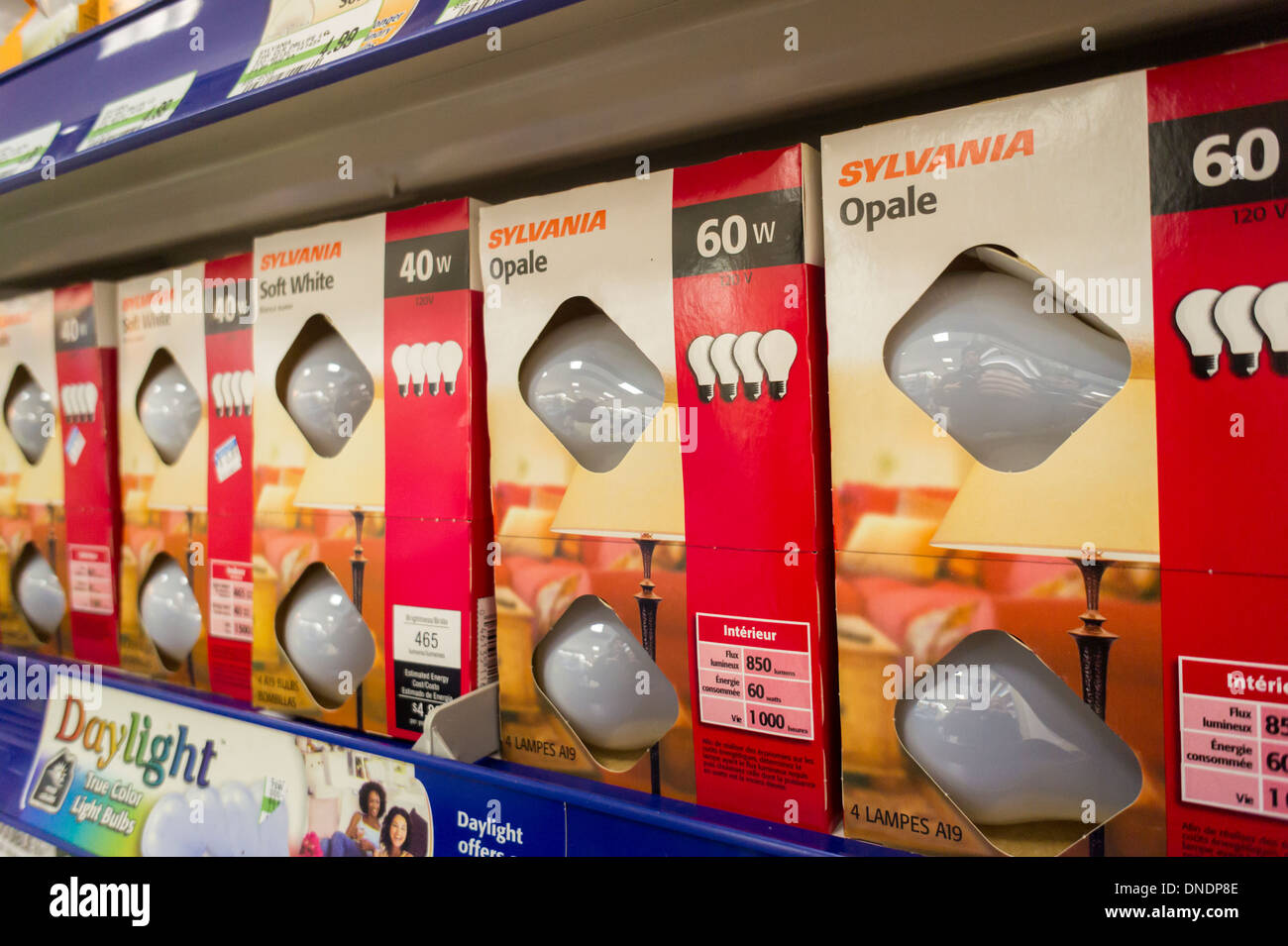 A selection of incandescent light bulbs are seen in a store in New York ...