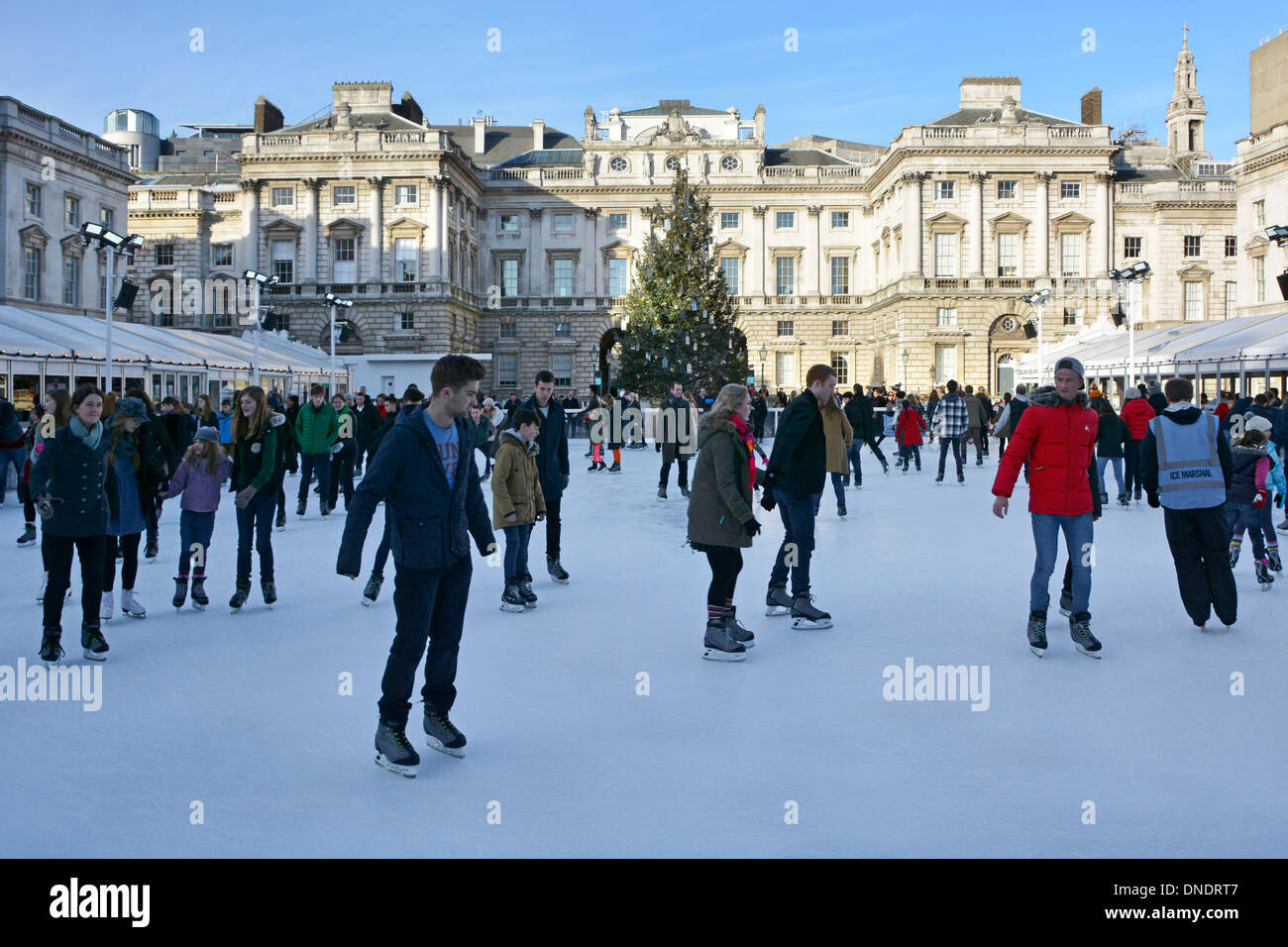 Historical Somerset House courtyard with Christmas tree decorations ...