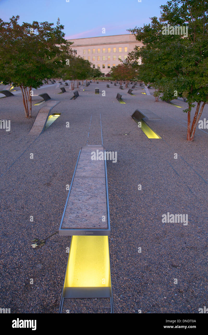 The Pentagon Memorial features 184 empty benches at sunset, a Memorial ...