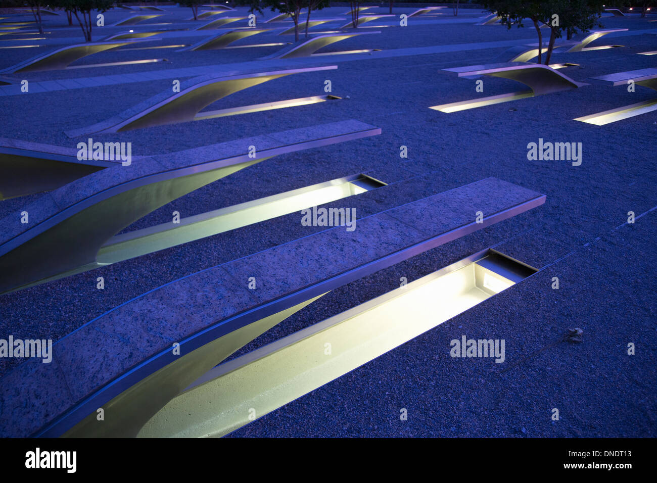 The Pentagon Memorial features 184 empty benches at dusk, a Memorial to ...