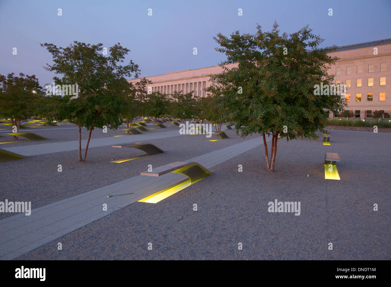 The Pentagon Memorial features 184 empty benches at dusk, a Memorial to ...