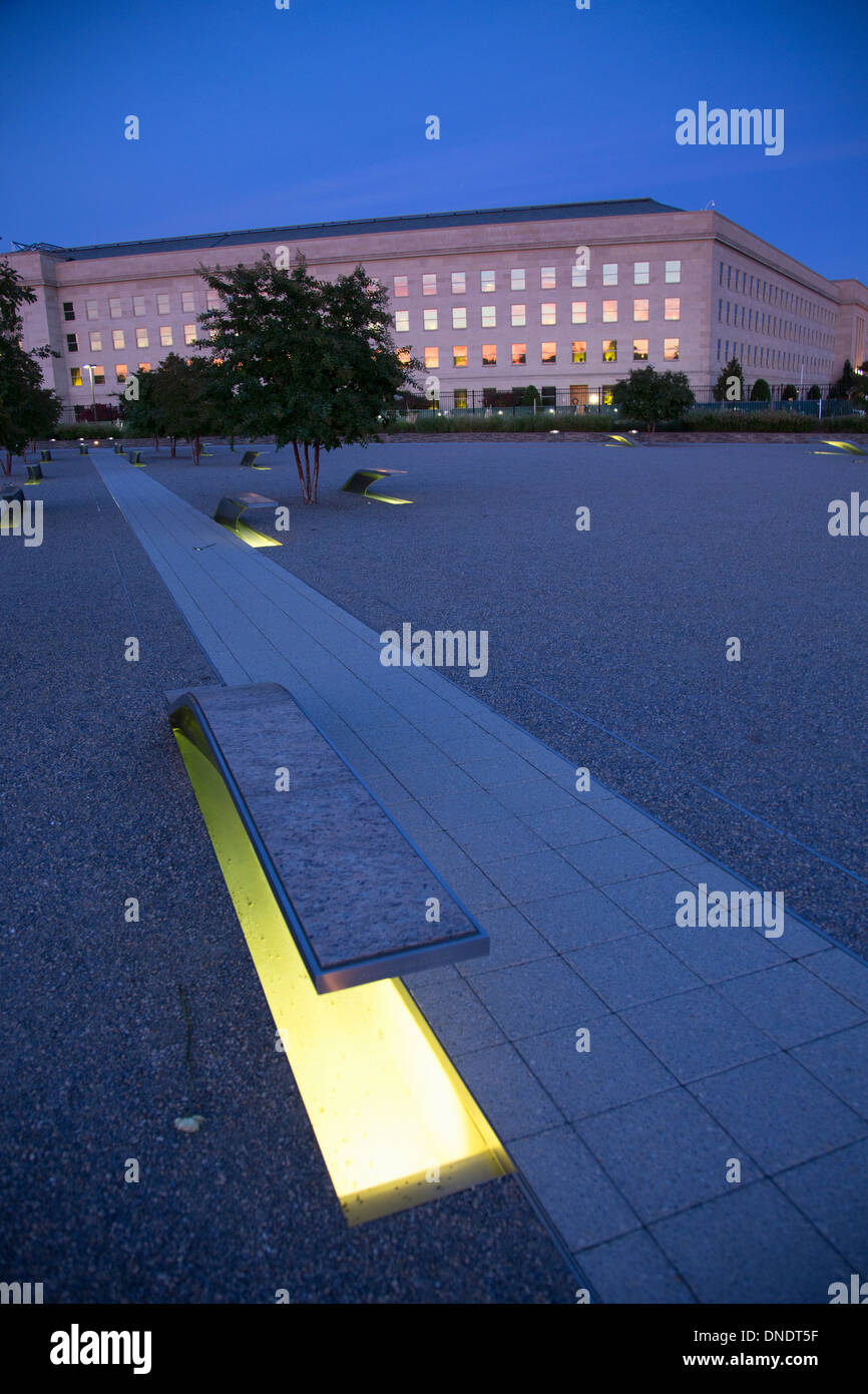 The Pentagon Memorial features 184 empty benches at dusk, a Memorial to ...