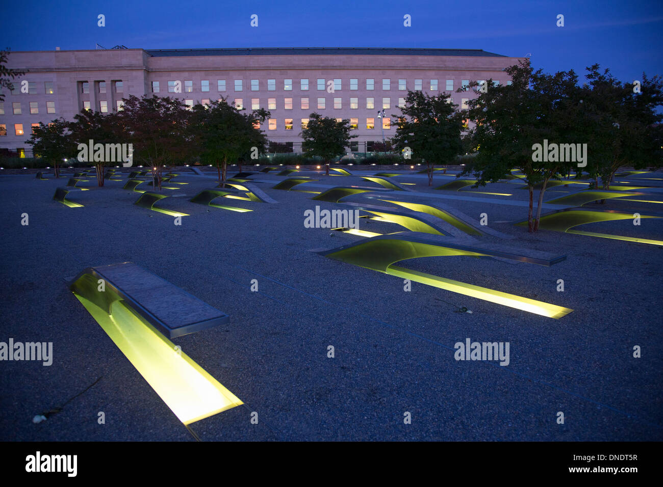 The Pentagon Memorial features 184 empty benches at dusk, a Memorial to ...