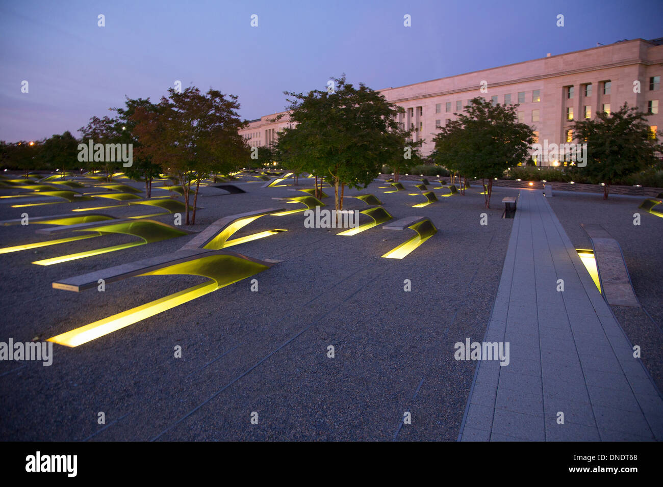 The Pentagon Memorial features 184 empty benches at dusk, a Memorial to ...