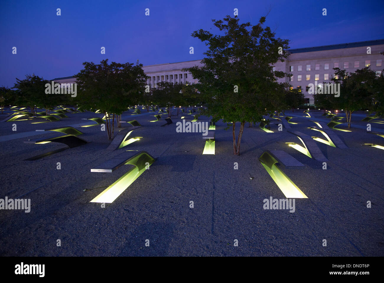 The Pentagon Memorial features 184 empty benches at dusk, a Memorial to ...