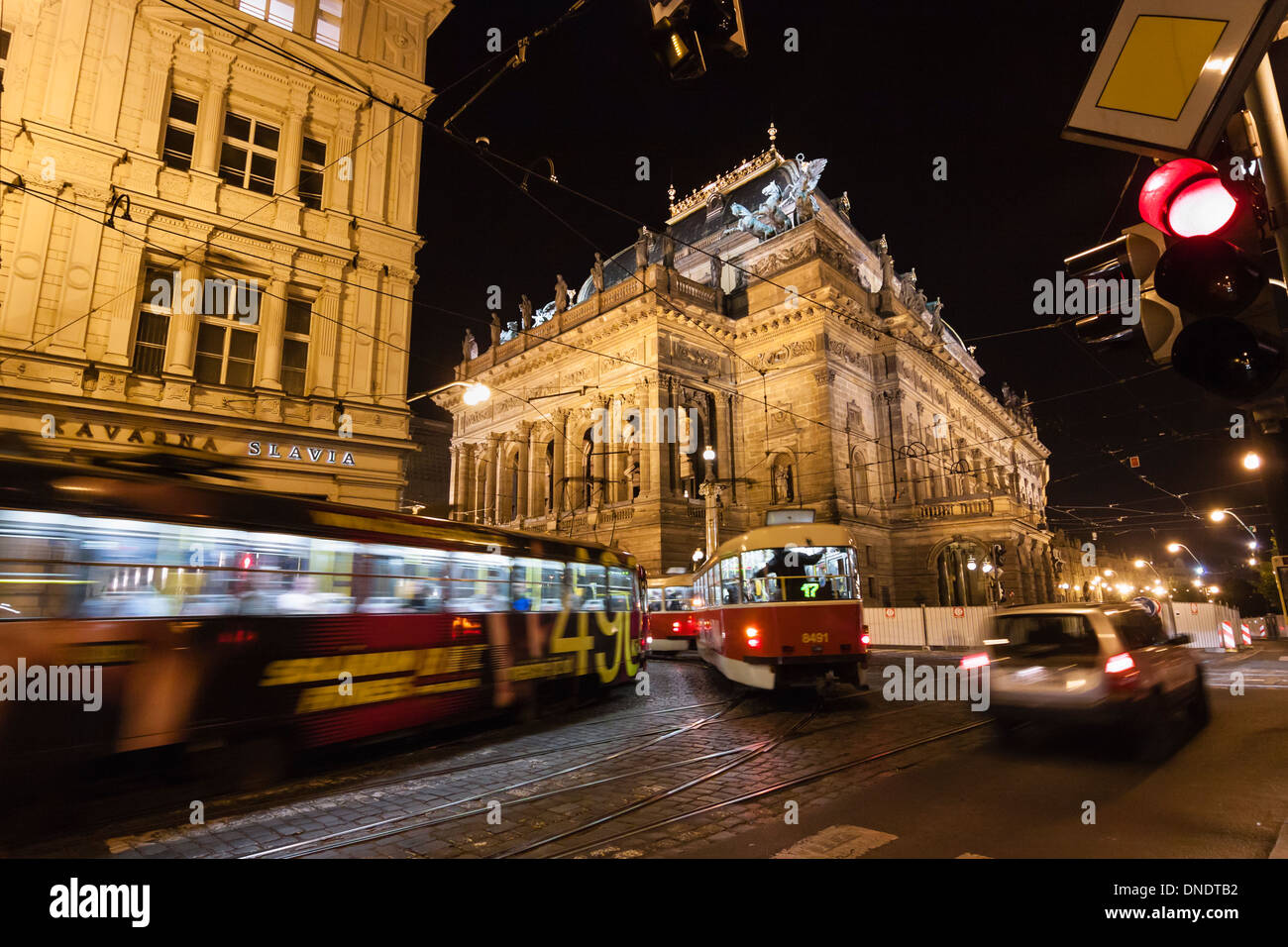 Czech Republic, Prague. Tram at night in Prague downtown Stock Photo ...