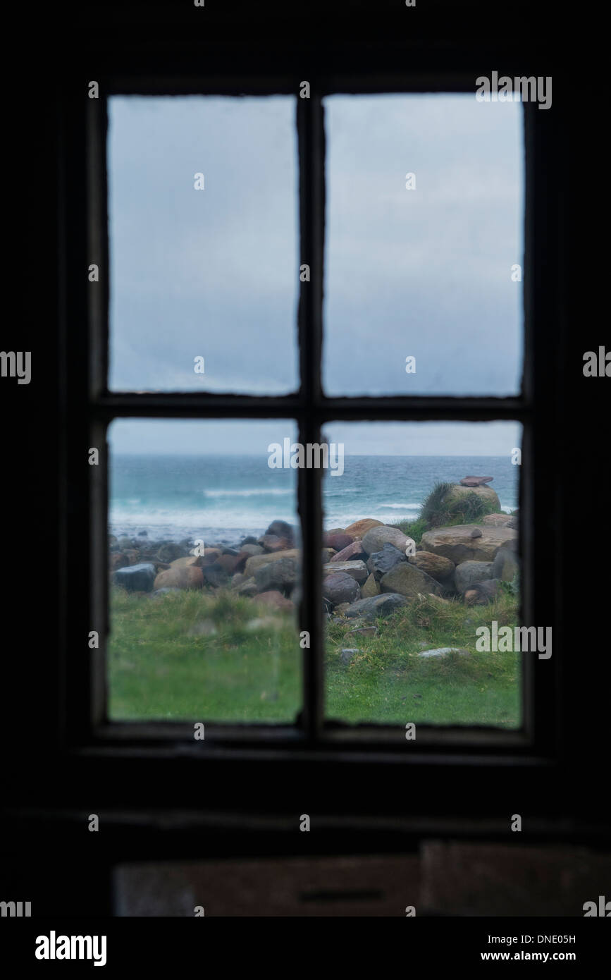 View out window of Burnmouth Bothy, Rackwick Bay, Hoy, Orkney, Scotland ...