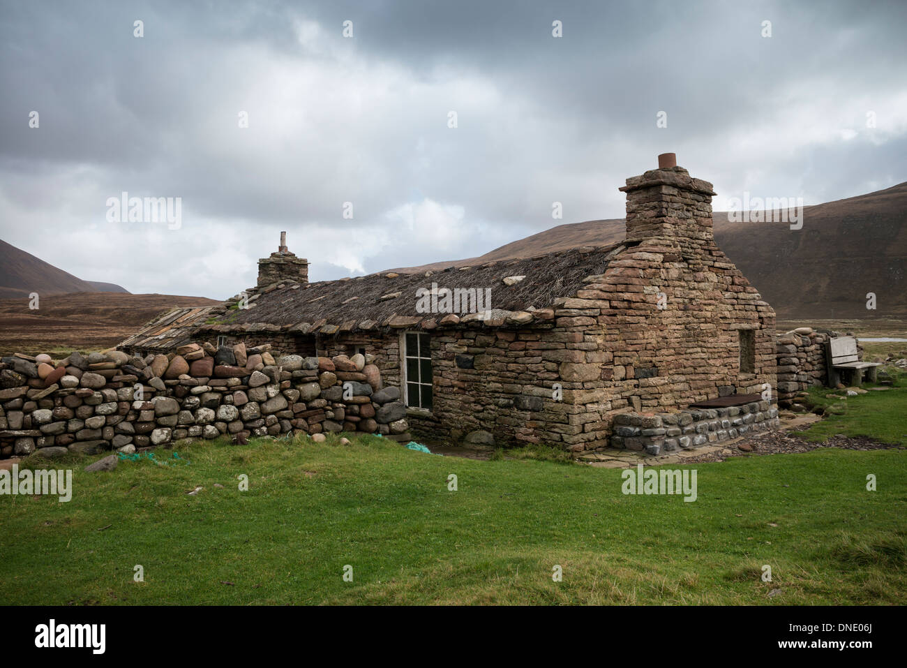 Old stone walls of Burnmouth Bothy, Rackwick Bay, Hoy, Orkney, Scotland ...