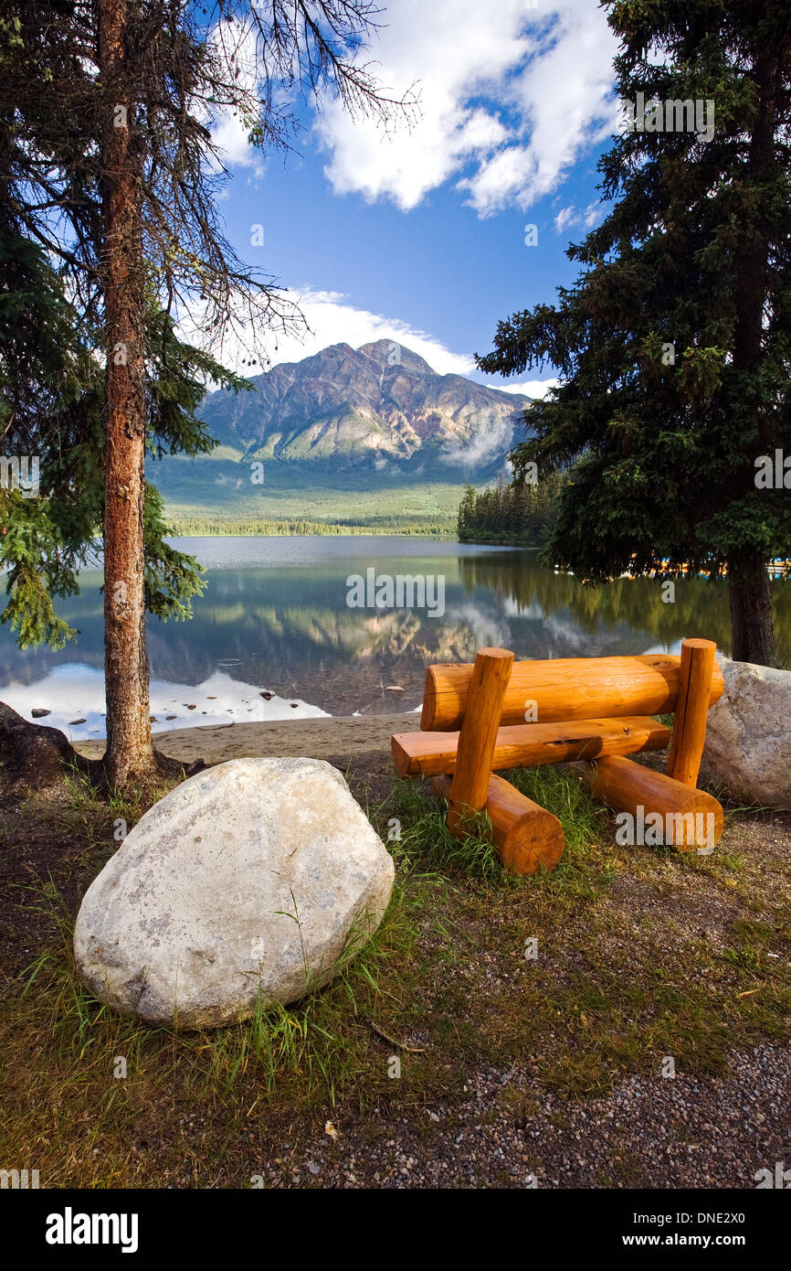 Bench at Pyramid Lake looking at Pyramid Mountain, Jasper National Park ...