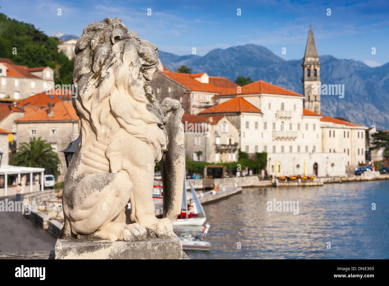 Ancient stone lion statue in Perast town, Bay of Kotor, Montenegro ...