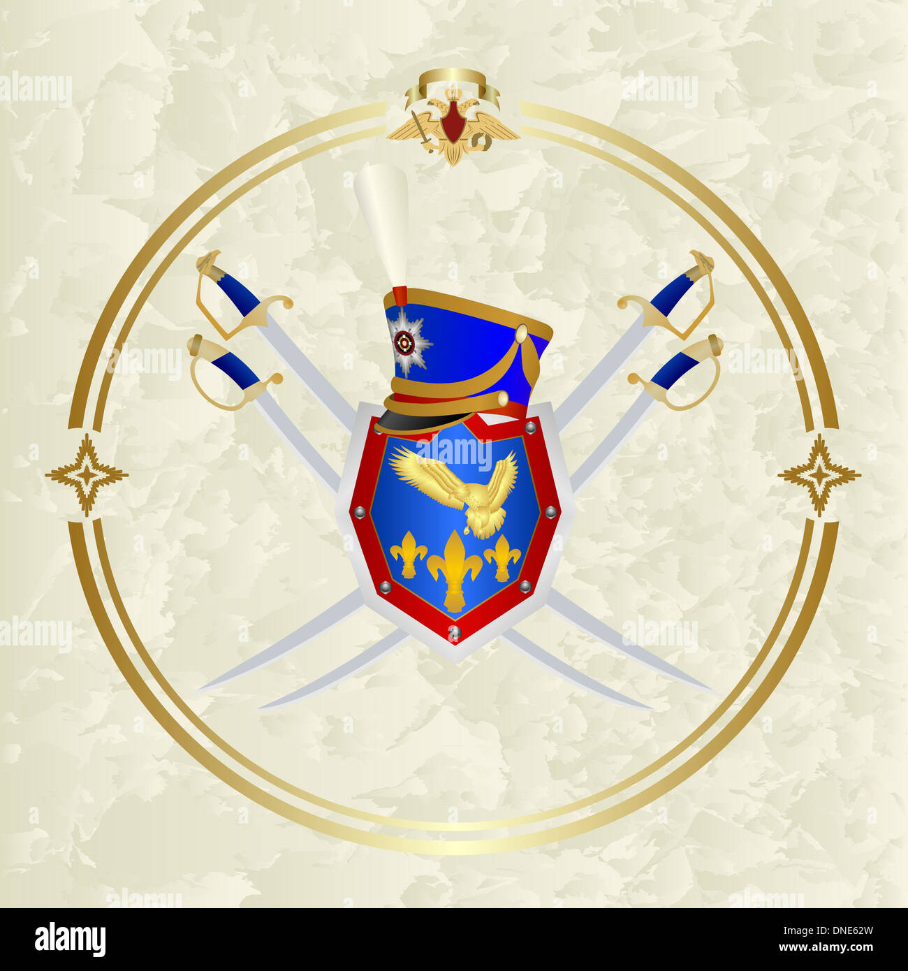 Hussar headgear, shield and weapon in a circular frame. Illustration on ...