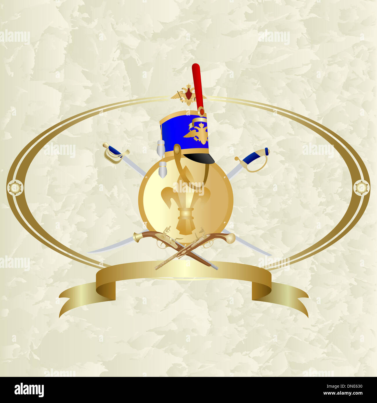Hussar headgear, shield and weapon in the oval frame. Illustration on ...