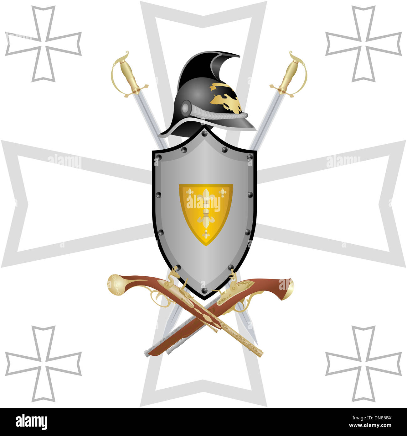 German helmet, shield and weapon against the background of the cross ...