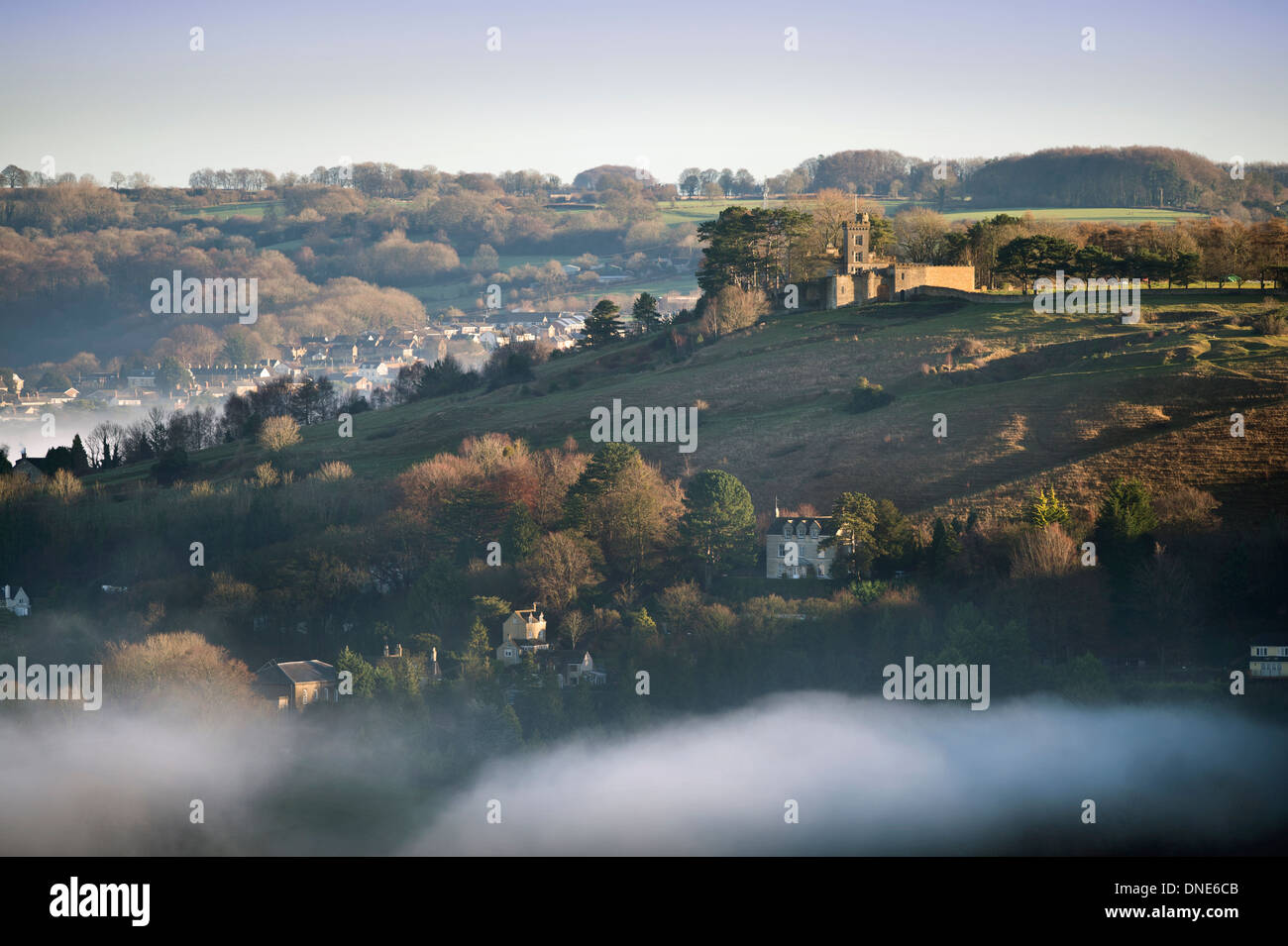 Misty morning in the Stroud Valley, Gloucestershire with Rodborough ...