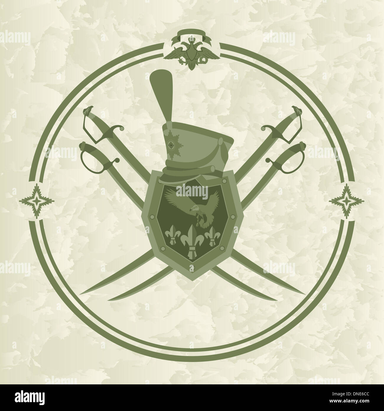 Hussar headgear, shield and weapon in a circular frame. Illustration on ...