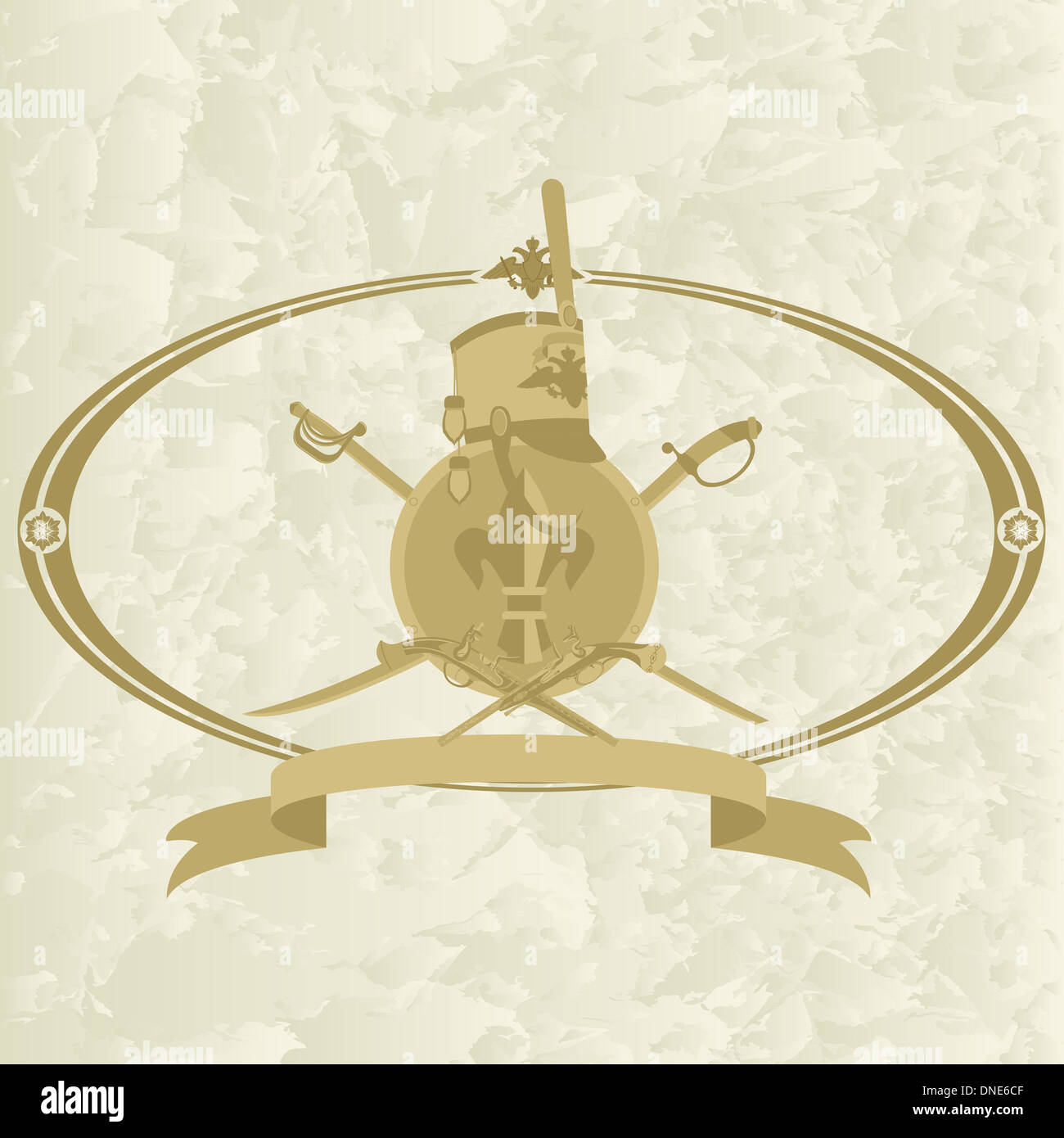 Hussar headgear, shield and weapon in the oval frame. Illustration on ...