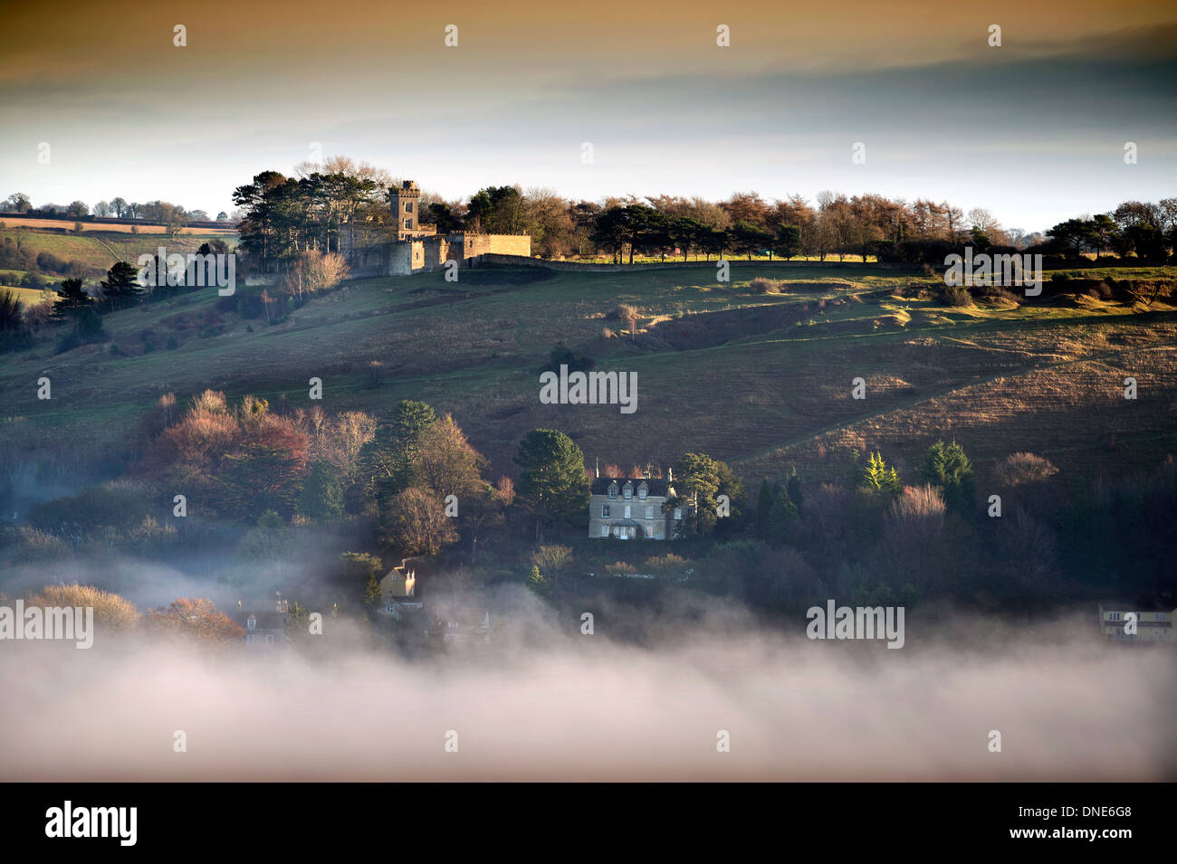Misty morning in the Stroud Valley, Gloucestershire with Rodborough ...