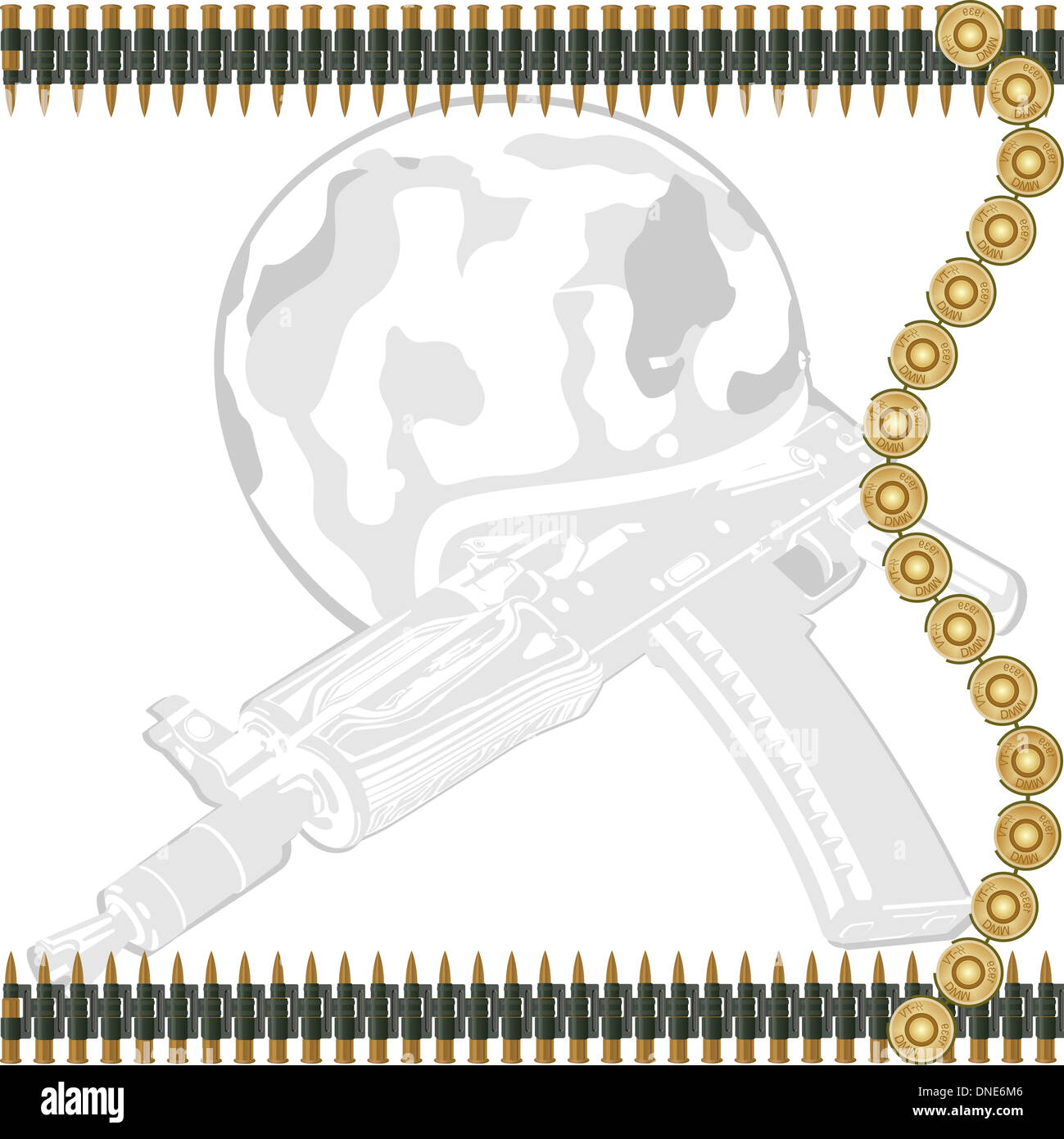 Machine-gun belt and a helmet with a gun. The illustration on a white ...